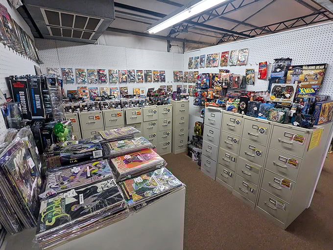 Comic book heaven awaits collectors in this meticulously organized booth, where childhood heroes live on in carefully preserved pages.