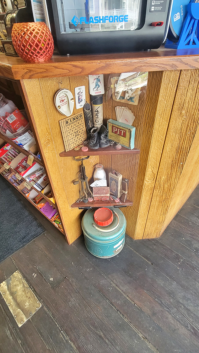 Corner Display: Vintage games and curiosities create a mini-museum of Americana, where Bingo cards and milk bottles tell stories of simpler times.
