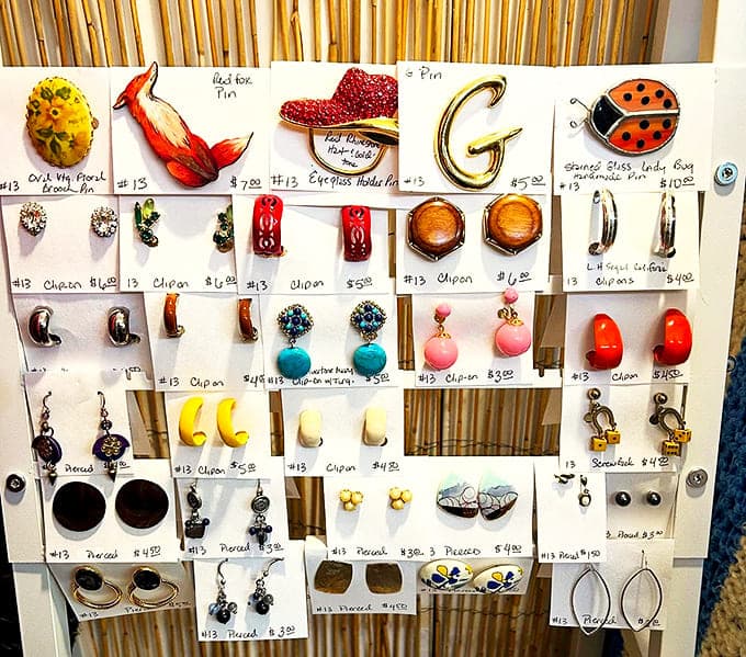 Affordable glamour from bygone eras – these clip-on earrings and brooches once adorned women heading to bridge club or downtown shopping.