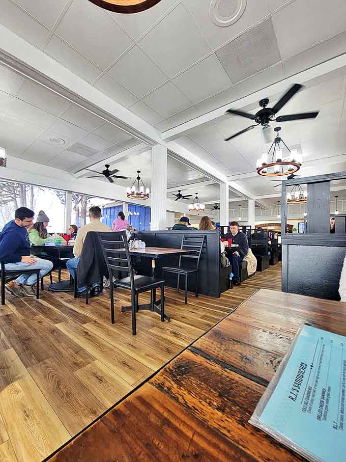 The renovated dining area blends modern touches with classic diner comfort, creating a space where food and fellowship happen in equal, generous portions.