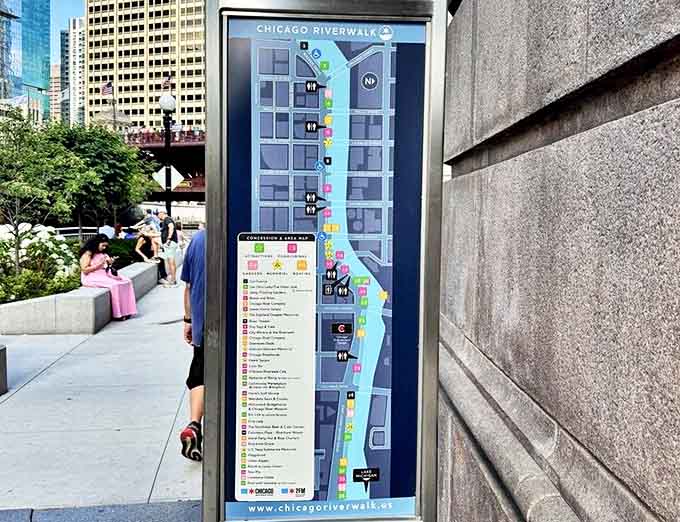 Detailed wayfinding signs ensure no visitor misses the Riverwalk's highlights, mapping out a journey through Chicago's most picturesque urban corridor.