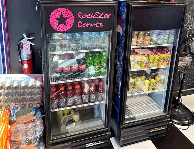 Drinks Display: The hydration station offering liquid companions for your doughnut adventure &ndash; because even rock stars need to stay refreshed.