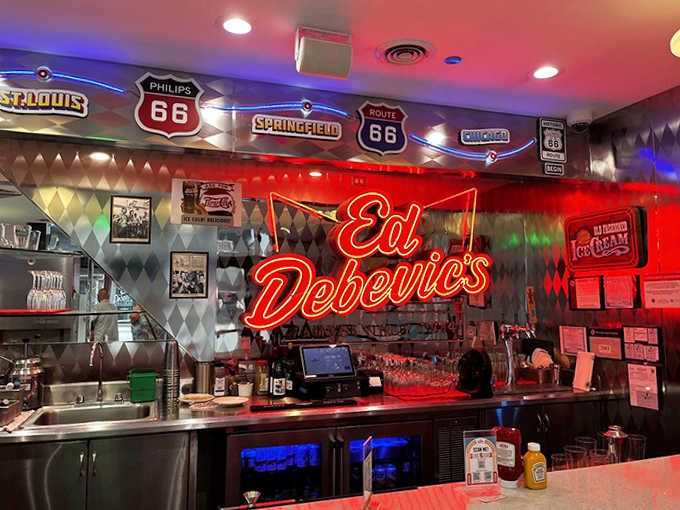 The counter area glows with neon promise, suggesting that whatever you order here will taste better than it has any right to.