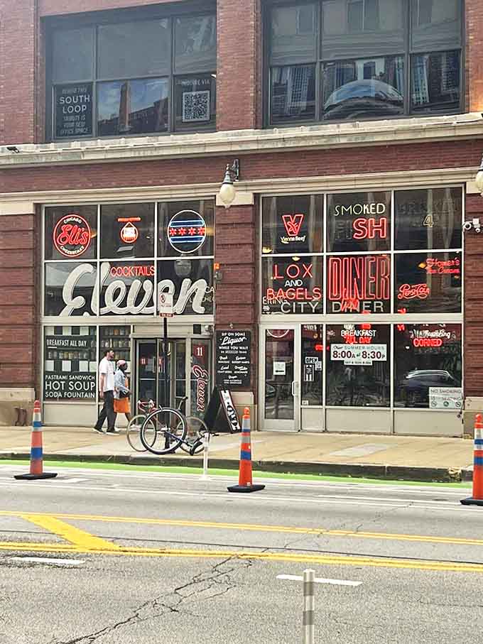 From the street, Eleven City Diner's neon signage serves as a beacon for the hungry and nostalgic alike.