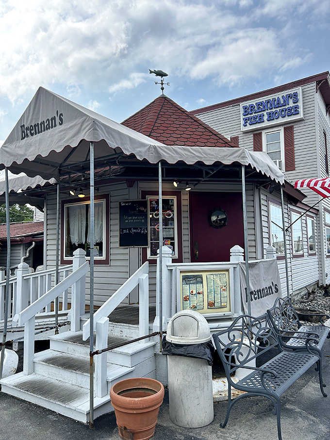The welcoming entrance with its modest awning doesn't need to shout &ndash; Brennan's reputation for seafood excellence speaks volumes.