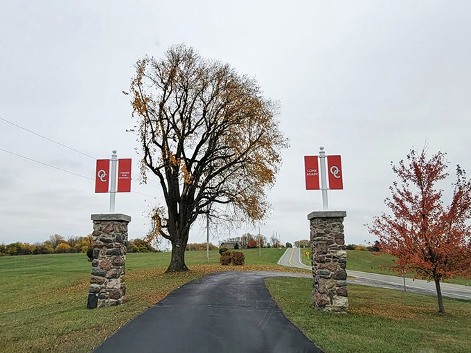 The entrance pillars stand sentinel, marking the boundary between ordinary Ohio countryside and the extraordinary underground world below.