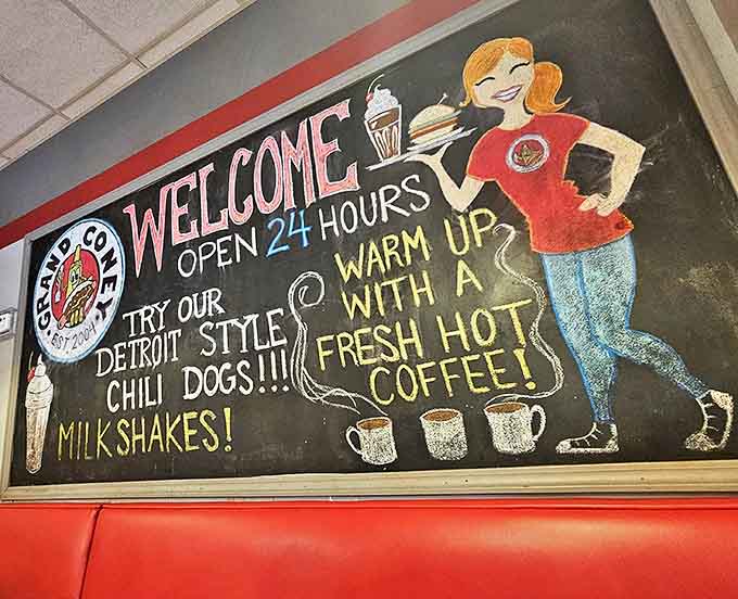 The welcome board promises Detroit-style chili dogs and fresh coffee, illustrated by a cheerful cartoon server who's ready to make your day.