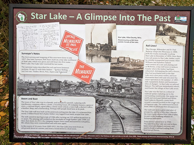 Historical markers reveal Star Lake's fascinating past as a logging boom town, where industry and wilderness once coexisted.