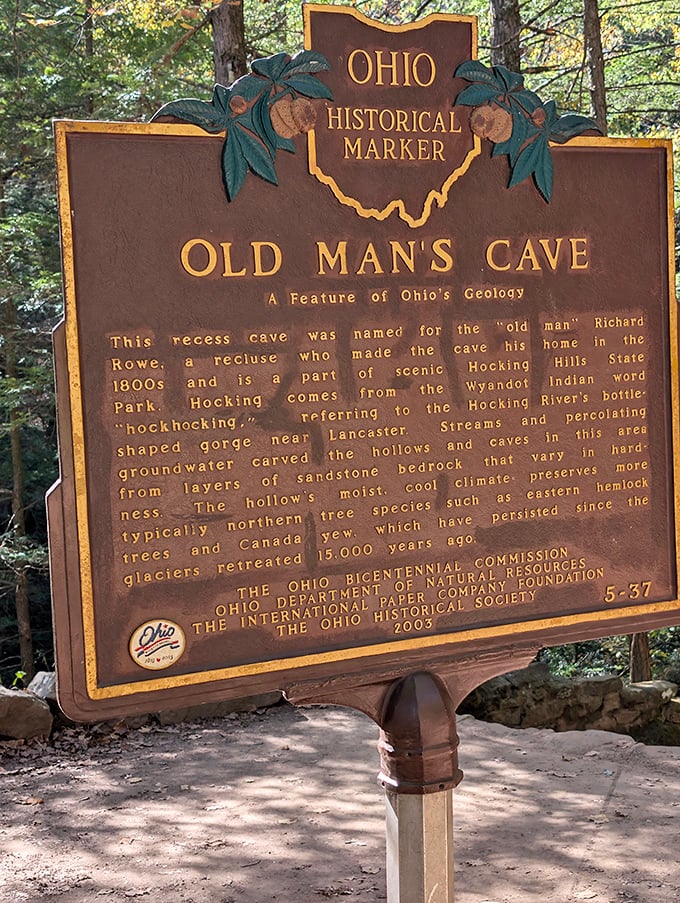 This historical marker tells the tale of Richard Rowe, the original social distancer who made Old Man's Cave his 1800s bachelor pad.
