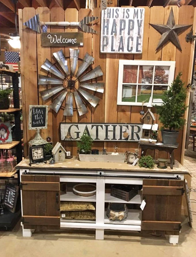 Farmhouse chic at its finest! This rustic display of home d&eacute;cor would make any HGTV host swoon with its perfect blend of style and warmth.