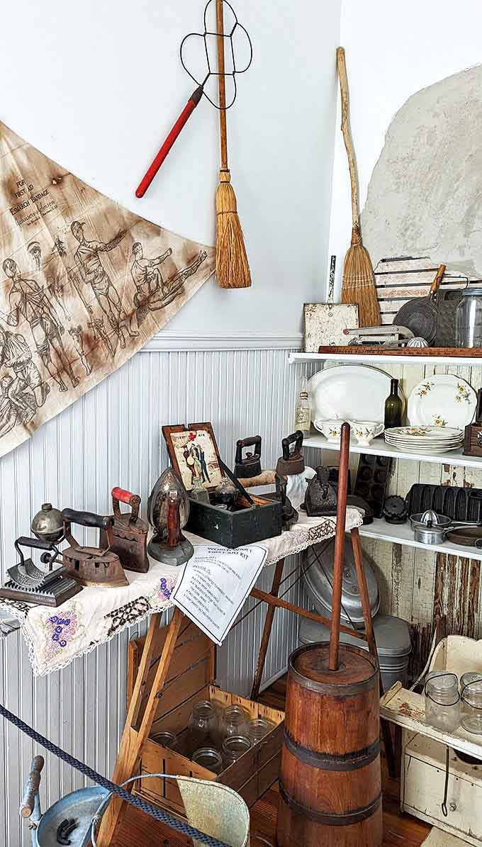 The laundry and utility area features implements that remind us how physically demanding household chores once were.