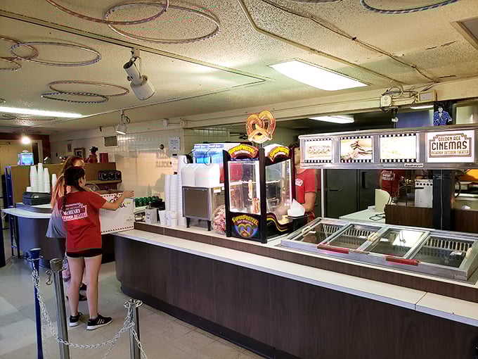 Inside the concession stand, popcorn machines hum and ice cream freezers beckon – a wonderland of movie night essentials.