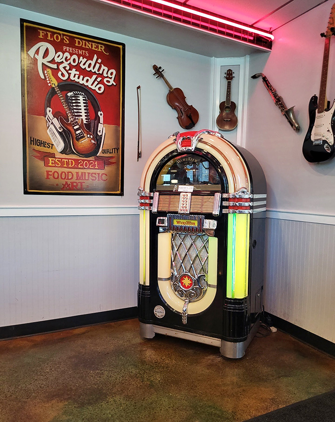 The vintage jukebox isn't just decoration &ndash; it's a time machine disguised as a music player, ready to transport you with every selection.