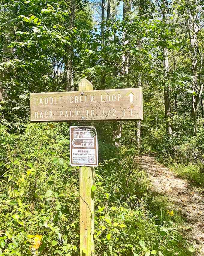 The Paddle Creek Loop sign &ndash; where adventures begin and smartphone batteries go to die in the pursuit of natural beauty.