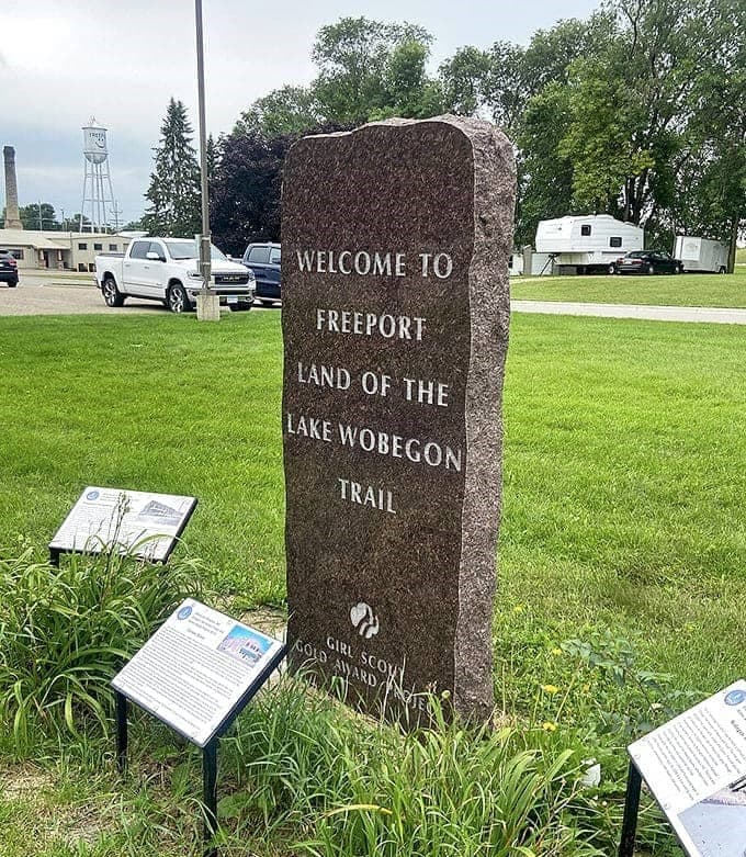 This stone marker welcomes visitors to "Freeport: Land of the Lake Wobegon Trail," connecting the real town to Minnesota's beloved fictional community.