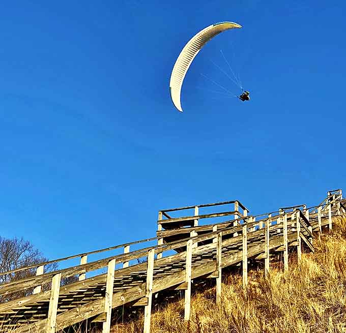 Paragliders catch Lake Michigan's reliable thermals, proving that some birds aren't born with wings &ndash; they earn them through sheer adventurous spirit.
