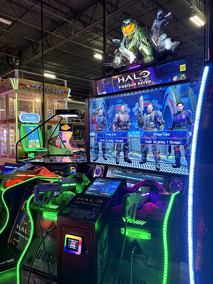 State-of-the-art arcade games like this Halo Fireteam Raven unit bring cutting-edge gaming experiences to complement the real-world thrills of karting.