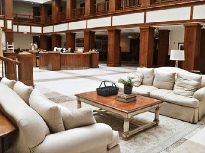 The lobby's comfortable seating area invites visitors to stay awhile. "Just dropping by" takes on new meaning when you're visiting a giant basket.