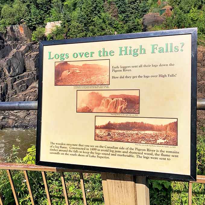 History carved in wood: This interpretive sign reveals how ingenious loggers once navigated their timber harvests over the challenging High Falls.