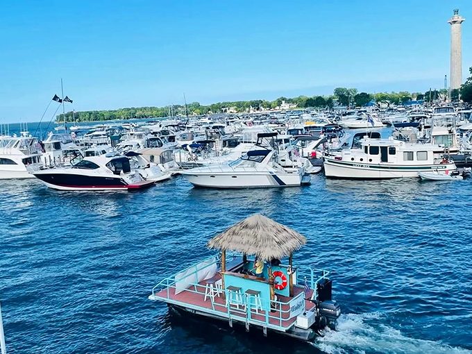 Navigating through Put-in-Bay's bustling marina, this little tiki boat turns heads and inspires envy wherever it floats.