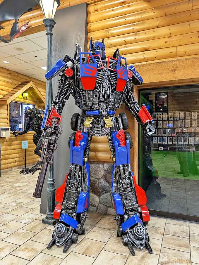 A life-sized Optimus Prime stands guard near the entrance, transforming an ordinary dining experience into something extraordinary.