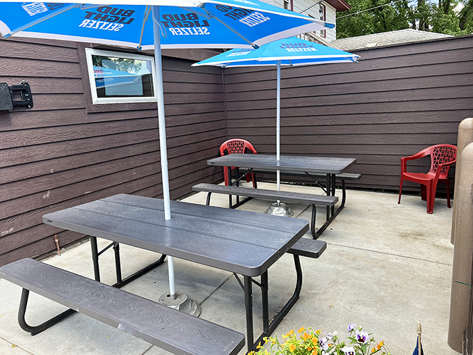 Simple outdoor seating provides the perfect spot to enjoy Minnesota's fleeting summer while savoring burger perfection.