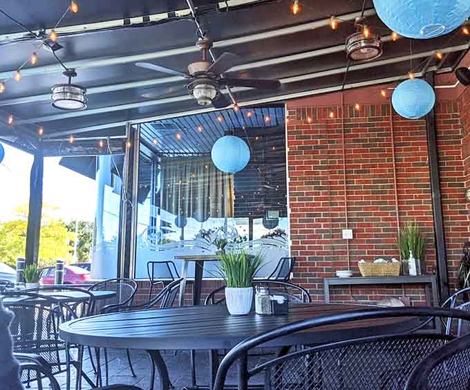 String lights and blue lanterns transform a simple patio into an evening oasis &ndash; Michigan's brief summer never looked so good.