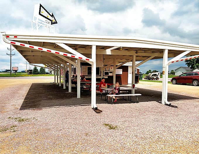 Under the protective canopy, picnic tables invite families to linger and create memories that will outlast the summer heat.