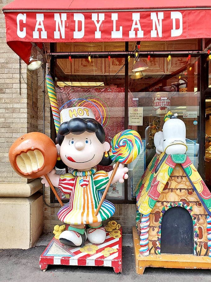Outside Candyland, whimsical statues guard the entrance, promising passersby that adulthood can be temporarily suspended once they step inside.