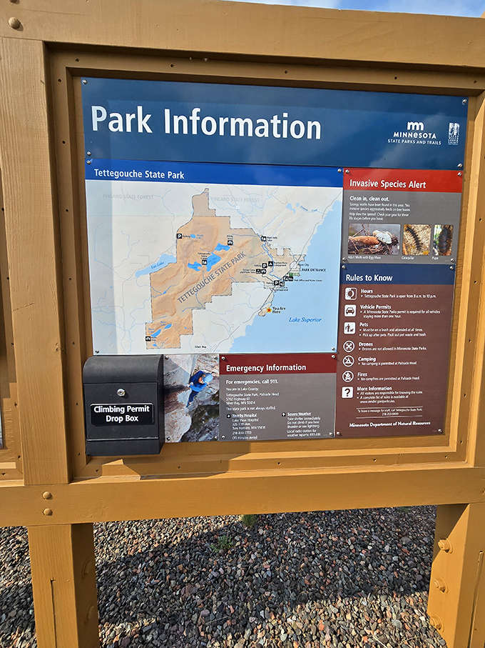 Park information stands ready to guide explorers through Tettegouche State Park, gateway to Palisade Head's natural wonders.