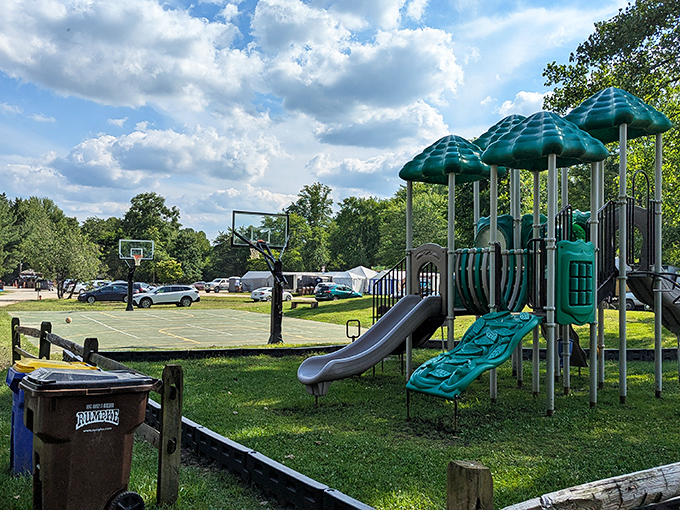 Family fun beyond the water's edge. This playground proves Nelson Ledges isn't just for adrenaline-seeking cliff jumpers &ndash; it's where future rock climbers start their training wheels.