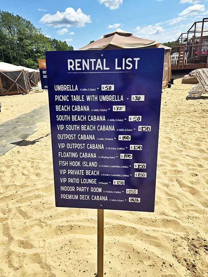 The rental sign &ndash; a menu of options for those who prefer their fun with a side of shade and comfortable seating.