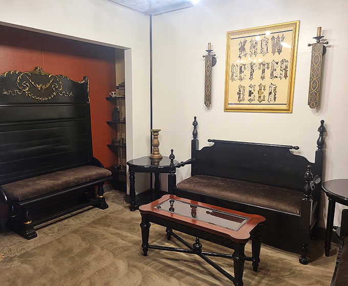 These ornate benches look transported directly from a medieval monastery, offering a quiet corner for hushed conversations and contemplative sipping.