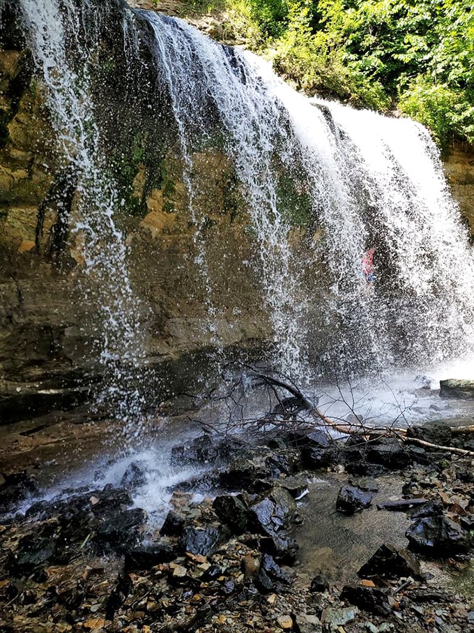 The falls reveal their gentle side in this view, where water flows like silk over ancient stone steps.