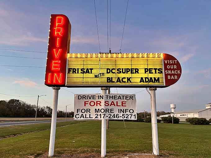 The vintage marquee announces current features while a sobering "For Sale" sign below hints at the precarious future facing America's drive-ins.