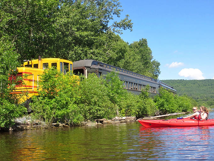 Worlds collide beautifully as kayakers wave to train passengers, two different journeys intersecting on the sparkling St. Louis River.