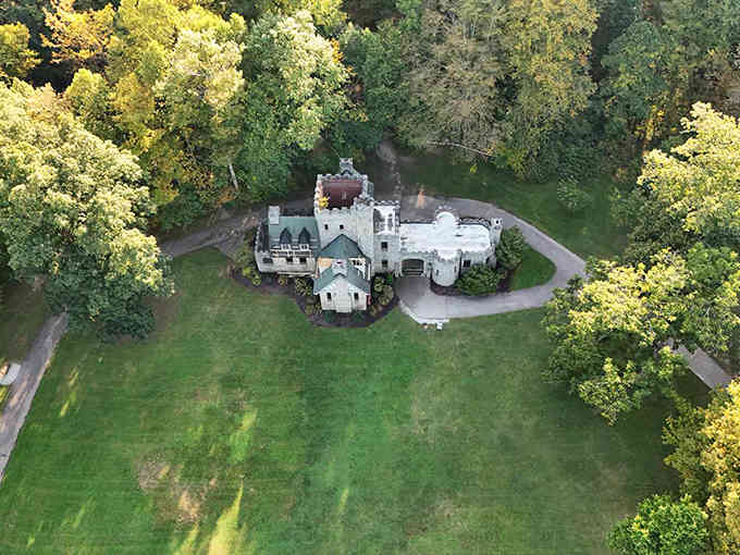 An aerial view reveals how perfectly the castle nestles into its woodland setting, a stone jewel in Cleveland Metroparks' verdant crown.