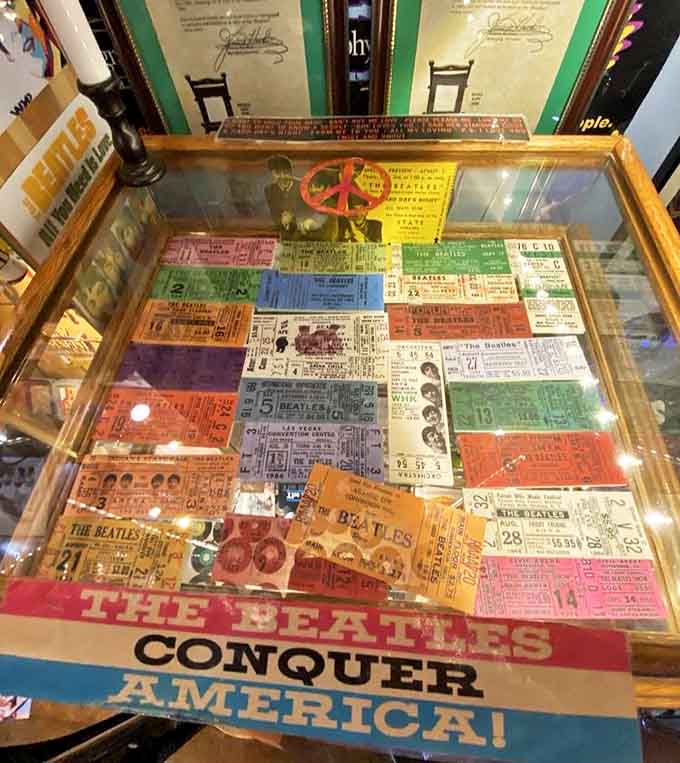 This display case of vintage Beatles tickets represents decades of concerts and thousands of screaming fans &ndash; now preserved under glass for new generations.