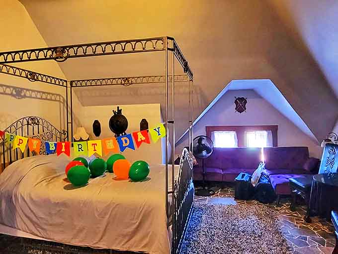 A bedroom where even the ceiling gets its own architectural moment, because why should the walls have all the fun in a castle?