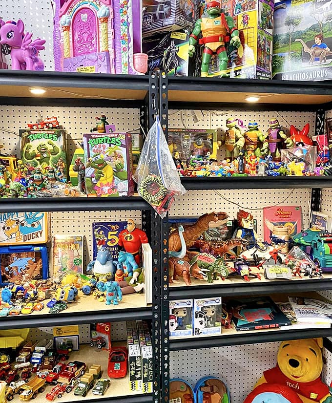 Nostalgia overload! This toy display features everything from Ninja Turtles to Winnie the Pooh, triggering childhood memories with every colorful inch.