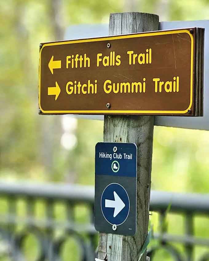 Trail signs point the way to adventure &ndash; Fifth Falls for dramatic cascades or Gitchi Gummi for panoramic lake views.