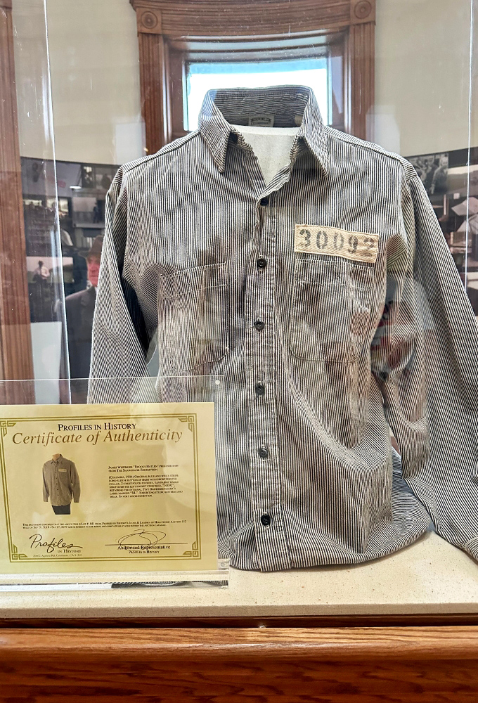 This authentic prison shirt from "The Shawshank Redemption" connects visitors to Andy Dufresne's fictional journey through very real prison walls.