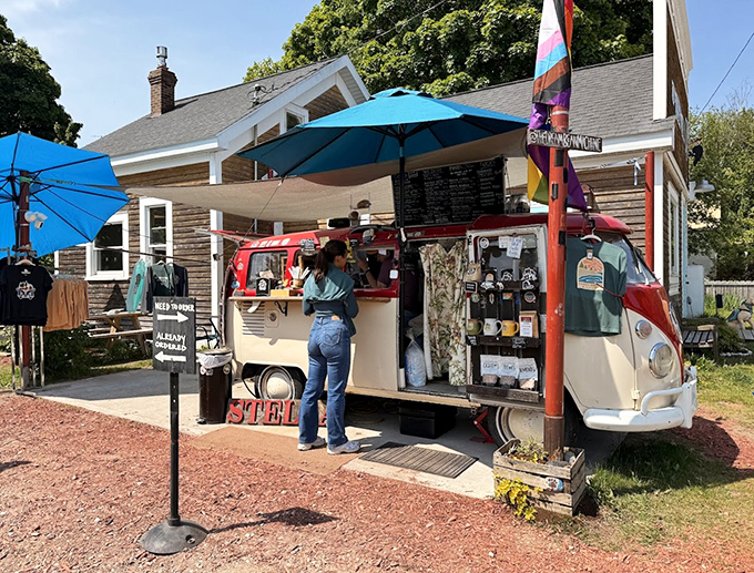 Stella the VW bus in her element &ndash; serving up coffee dreams against the backdrop of Grand Marais' charming small-town scenery.