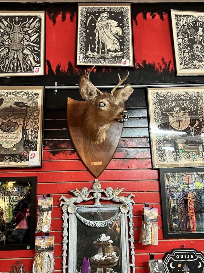 Wall hangings mix folk art with macabre themes, creating a visual feast that's equal parts beautiful and unsettling, exactly as intended.