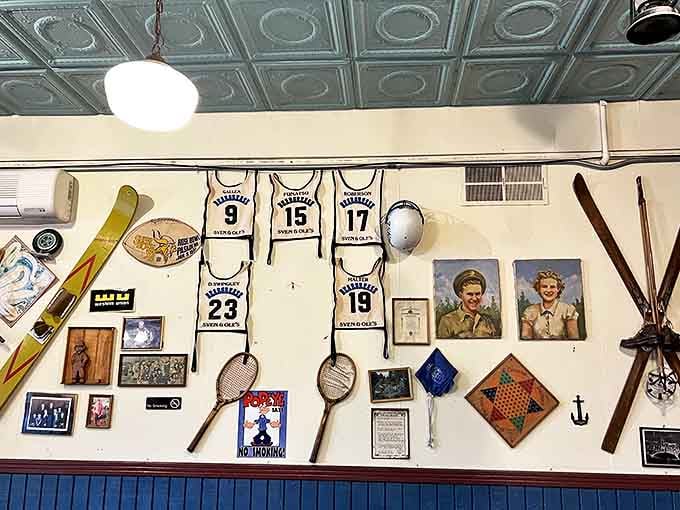 Sports memorabilia and vintage treasures transform walls into a museum of local pride &ndash; each item with its own story to tell.