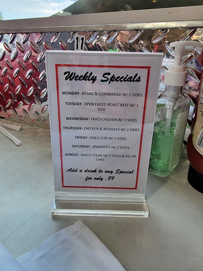 The weekly specials board reads like a comfort food calendar, with each day bringing a different homestyle meal worth planning your week around.