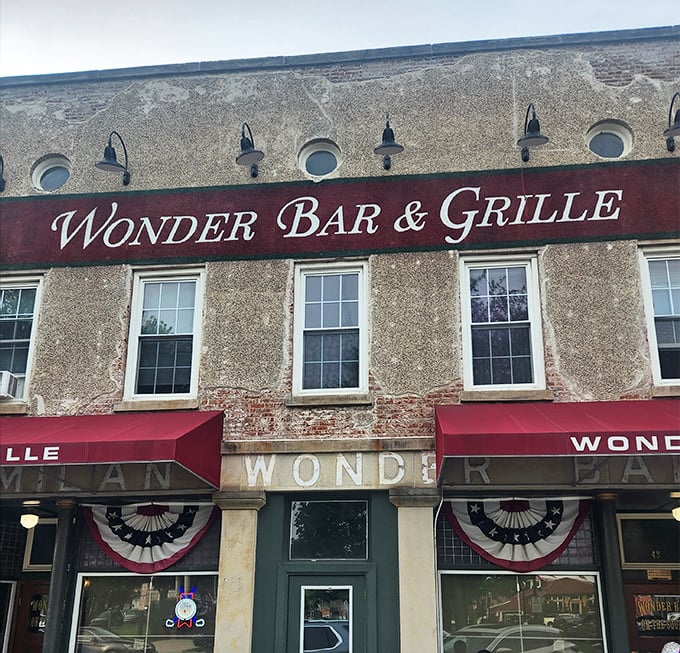 Wonder Bar & Grille welcomes hungry visitors with patriotic bunting and the promise of hearty meals in historic surroundings.