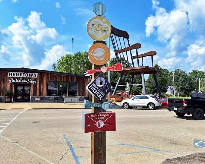 "Big Things, Small Town" indeed! This creative signpost points visitors toward Casey's collection of oversized attractions, promising outsized adventures in every direction.