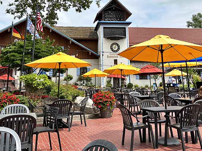 The outdoor patio at Frankenmuth Brewery provides a sunny counterpoint to Zehnder's indoor dining&mdash;where German heritage meets Michigan summers.