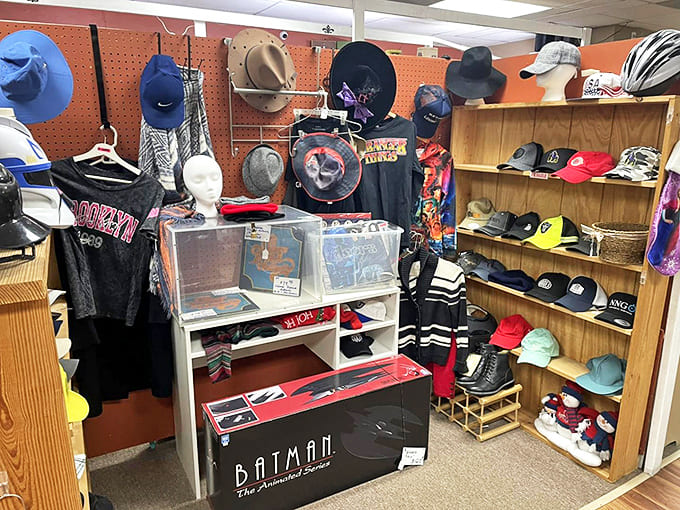 Hat displays showcase everything from cowboy hats to baseball caps, proving that headwear never goes out of style, it just waits patiently.